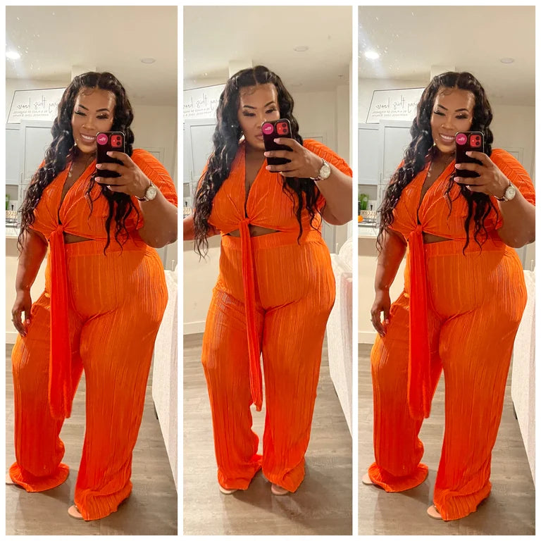Plus Size Pleated 2 Piece Set Orange Flyfatchick