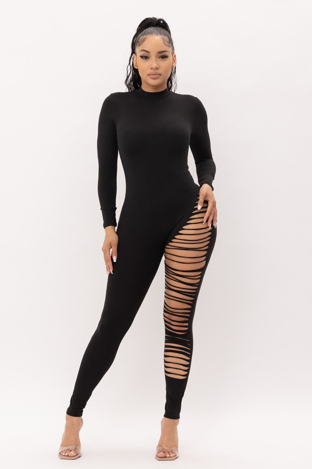 Mock Neck One Leg Laser Cut Long Sleeve Jumpsuit – flyfatchick