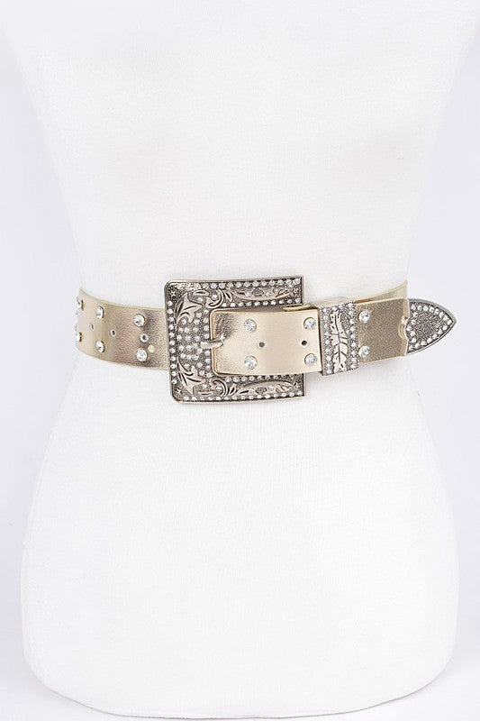 Rhinestone Buckle Metallic Plus Size Belt -GOLD – flyfatchick